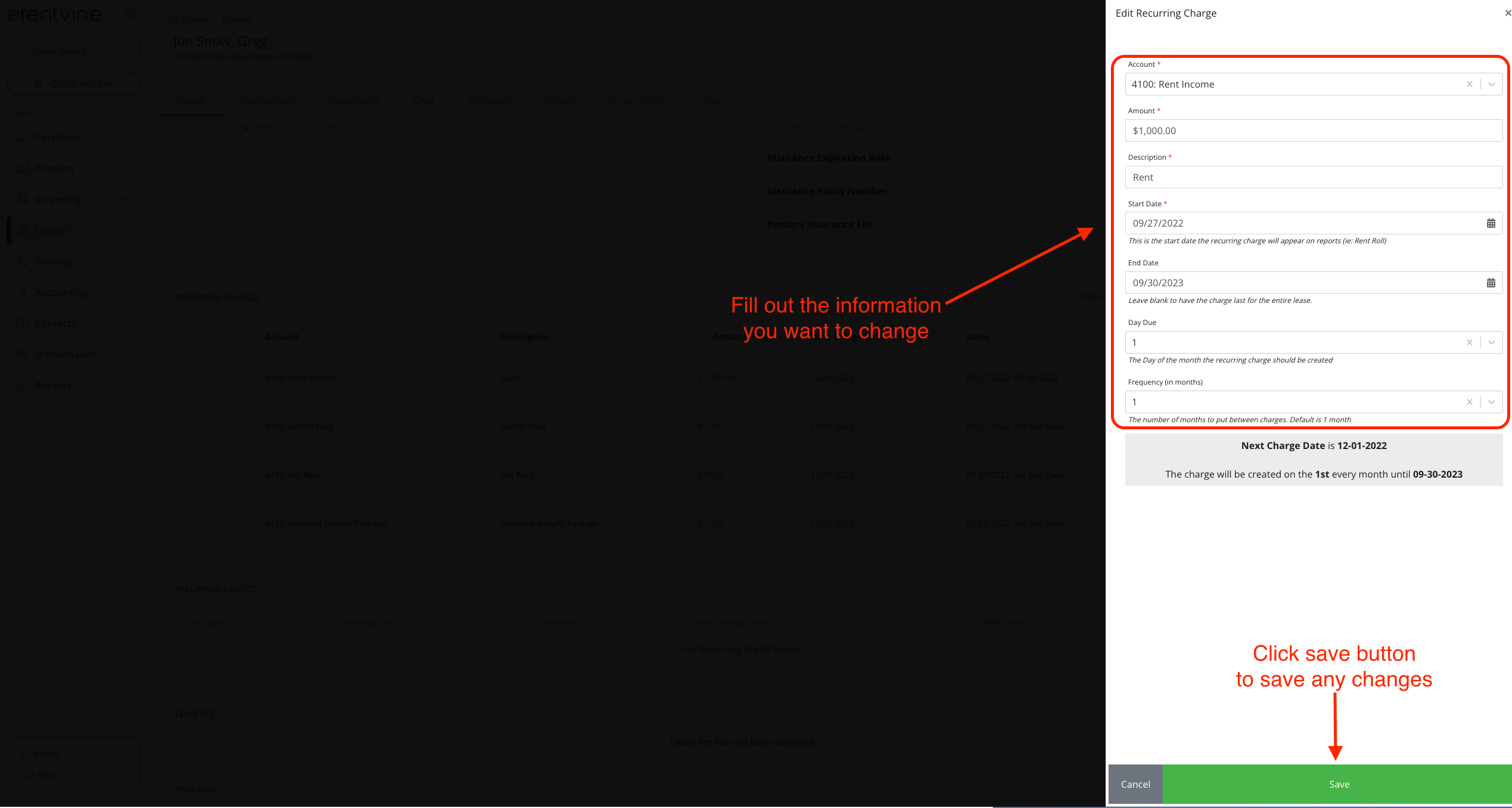 How to Add, Edit, or Delete Recurring Charges on a Lease